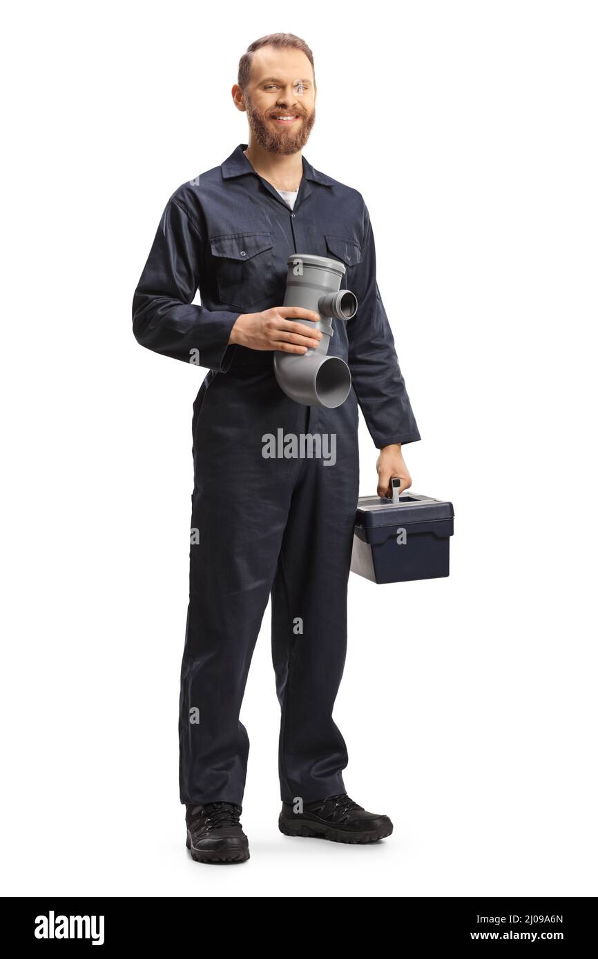 Full length portrait of a plumber holding a plastic pipe and a tool box ...