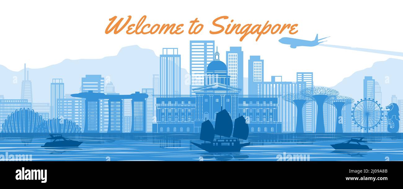 Singapore famous landmark with blue and white color design,vector ...