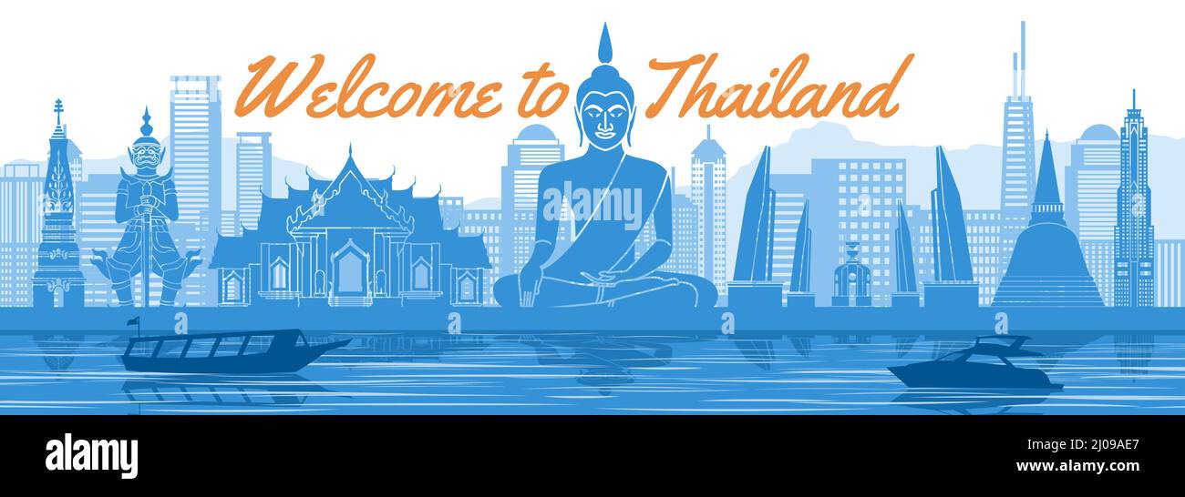 Thailand famous landmark with blue and white color design,vector ...