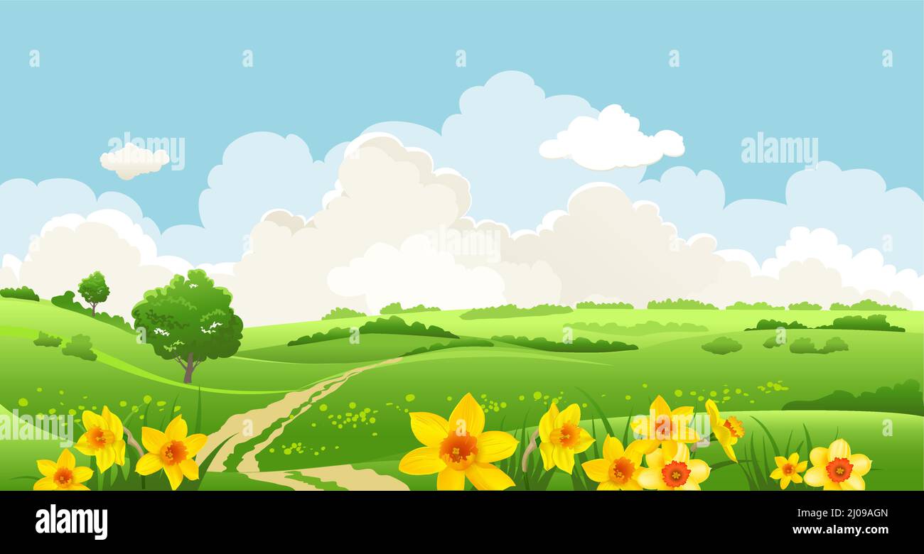 Green grass, clouds and flowers Stock Vector Image & Art - Alamy