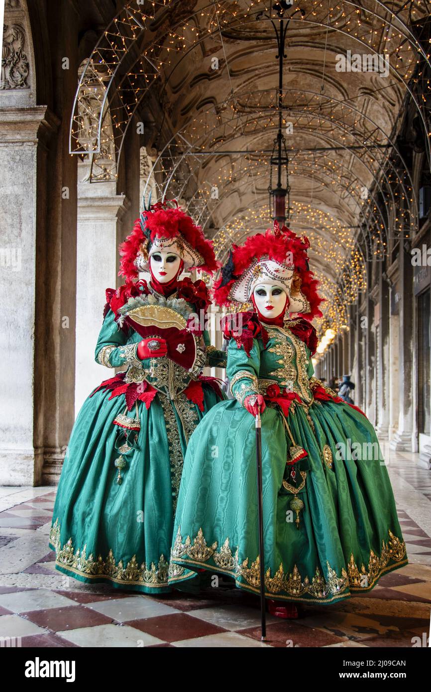 Vertical shot of two women in carnival clothing and masks standing in ...