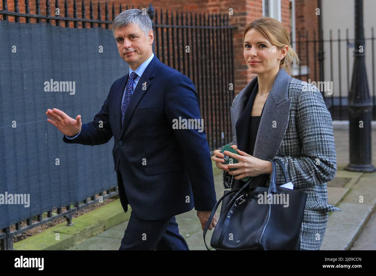 London, UK. 17th Mar, 2022. Ukrainian ambassador Vadym Prystaiko with ...