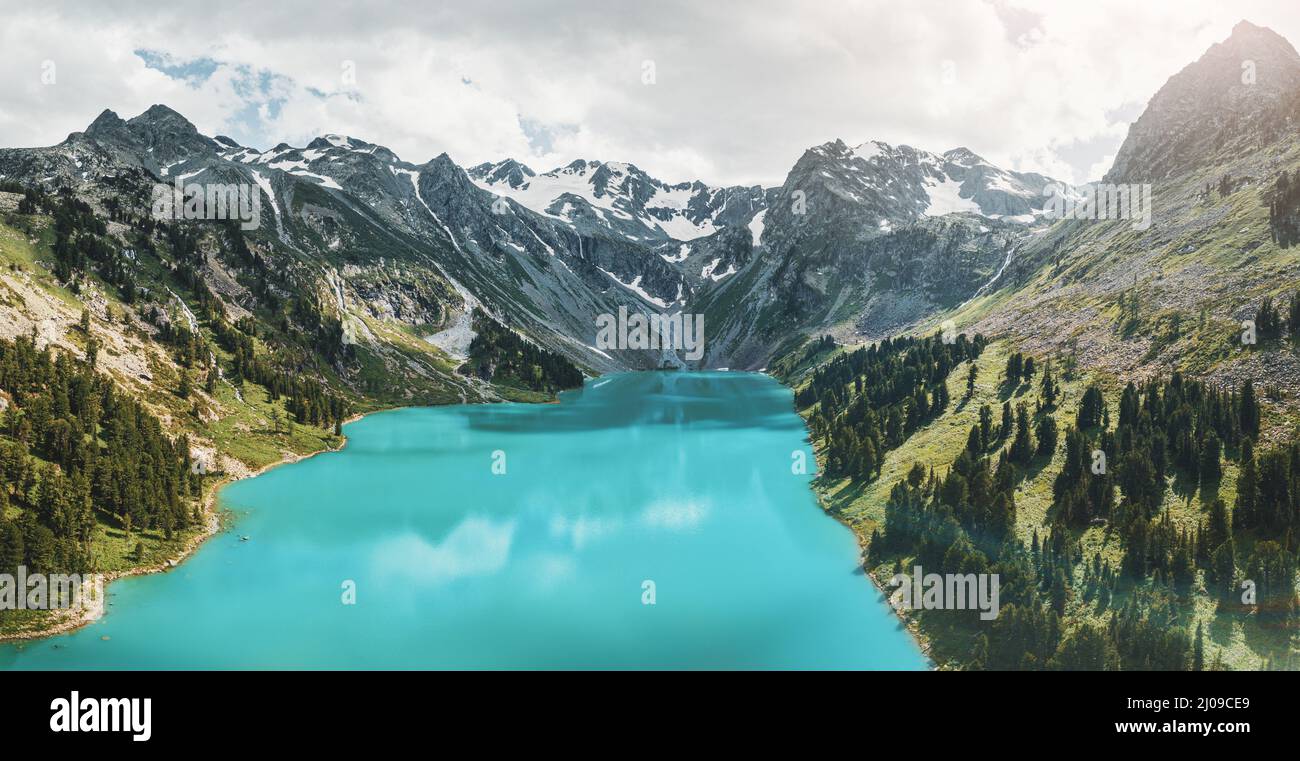 aerial view of the emerald lake in the mountain circus. National Park ...