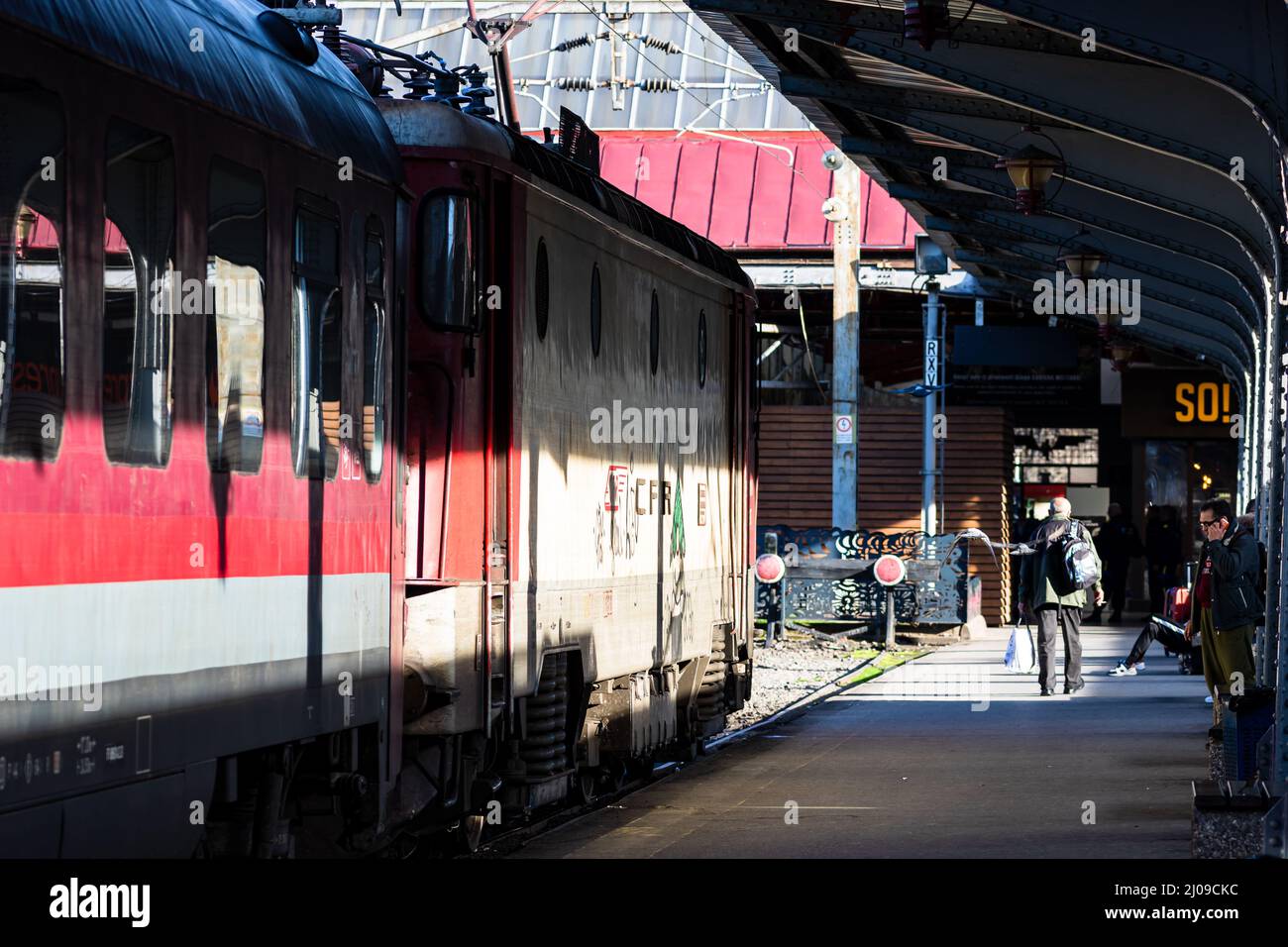 Train in motion or at train platform at Bucharest North Railway Station ...