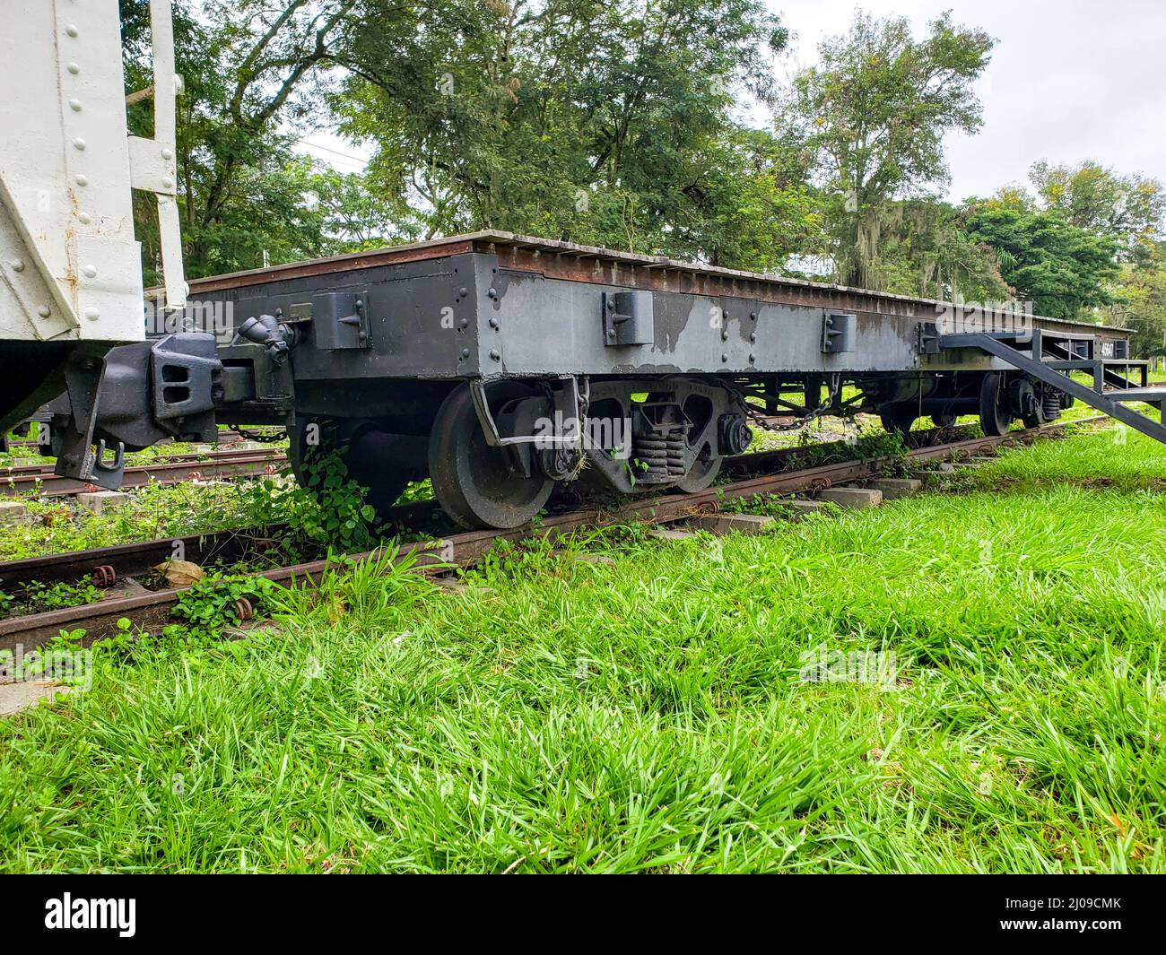 Old abandoned wagon over a railway track surrounded by trees Stock ...