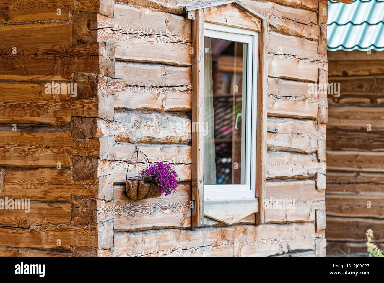 Wooden summer house or mobile cabin in the camp site. Living in nature ...
