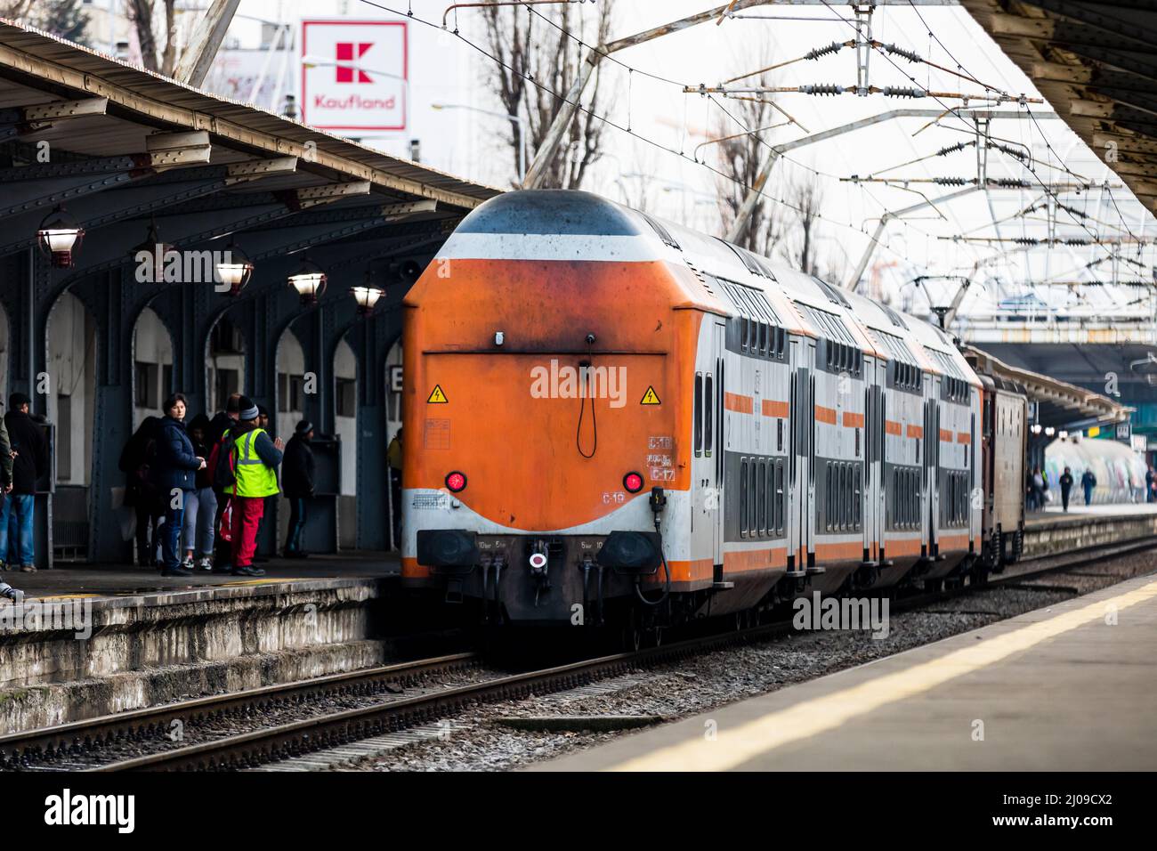 Train in motion or at train platform at Bucharest North Railway Station ...