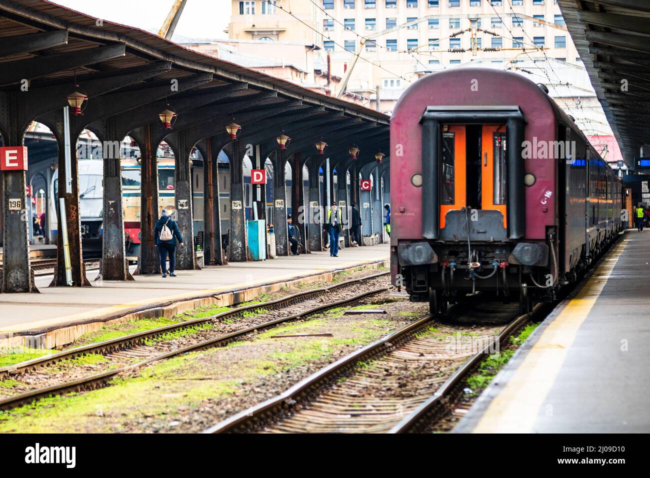 Train in motion or at train platform at Bucharest North Railway Station ...