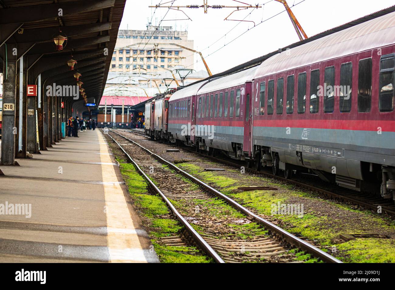 Train in motion or at train platform at Bucharest North Railway Station ...