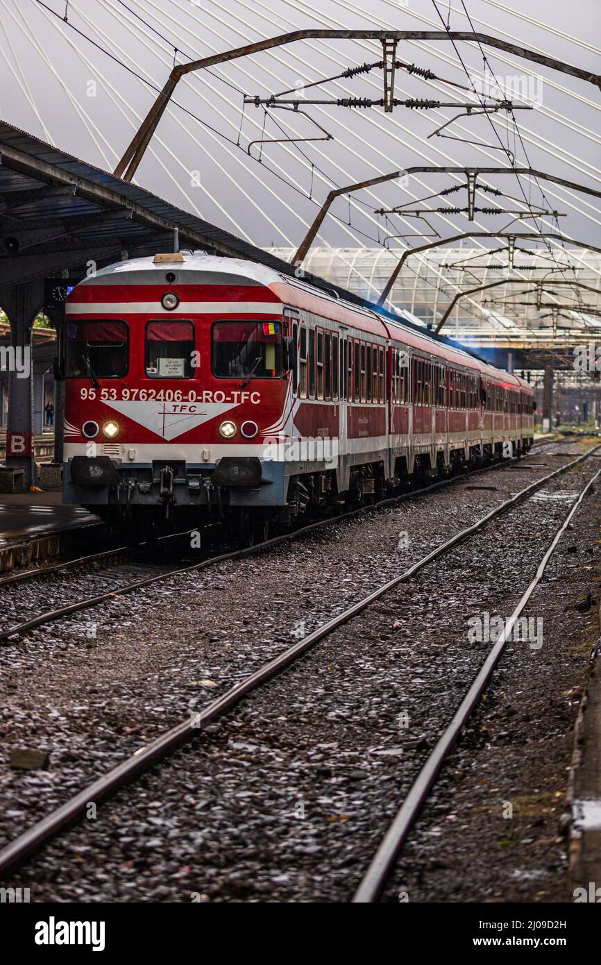 Train in motion or at train platform at Bucharest North Railway Station ...