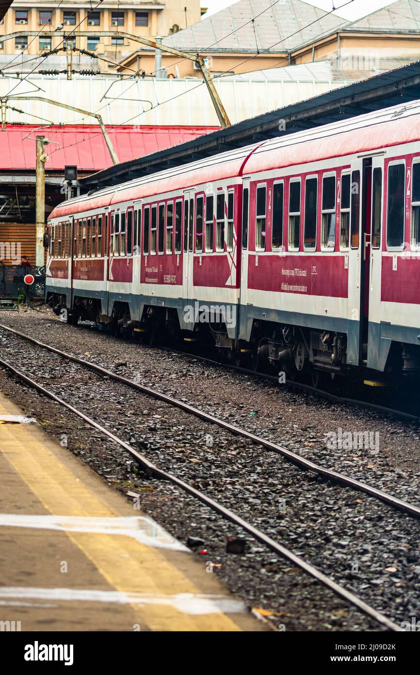 Train in motion or at train platform at Bucharest North Railway Station ...