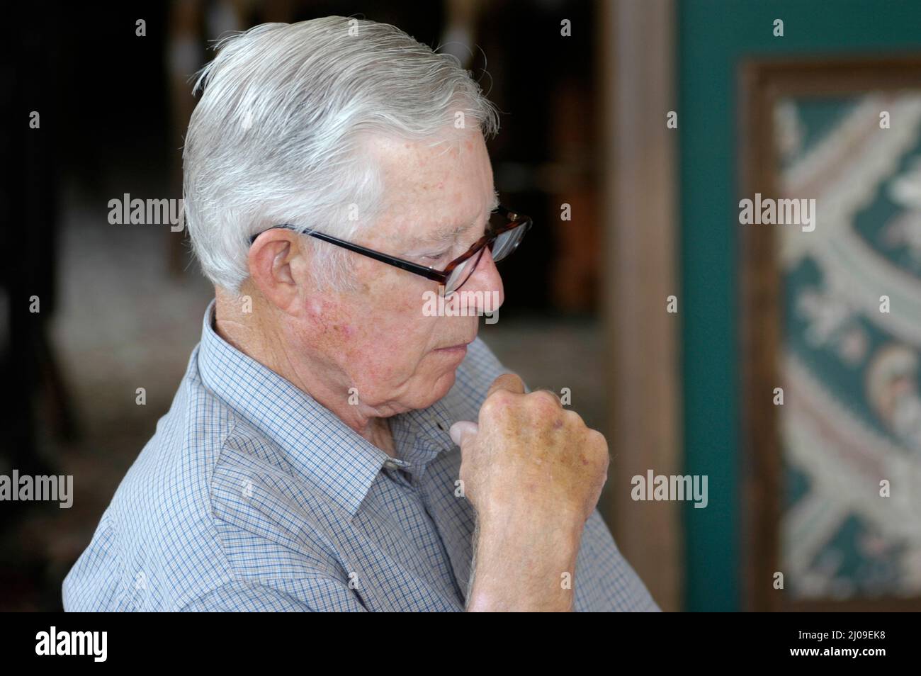 Senior white haired grandfather who has glasses Man at a family ...