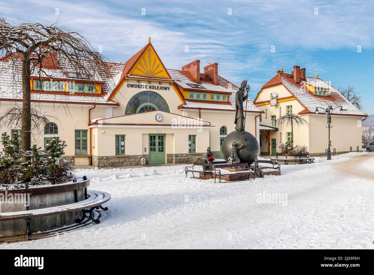 Monument of Saint Nicholas in front of railway station in Rabka Zdroj ...