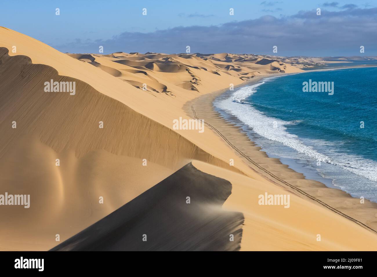 Namibia, the Namib desert, landscape of yellow dunes falling into the ...
