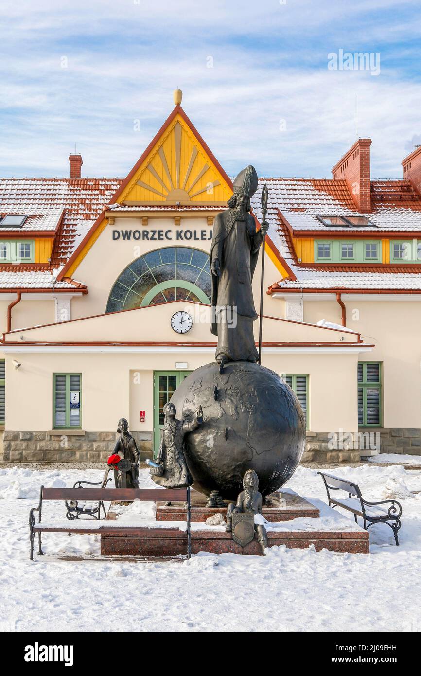 Monument of Saint Nicholas in front of railway station in Rabka Zdroj ...