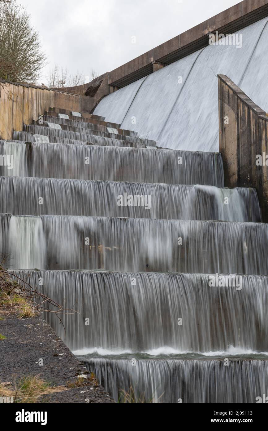 Long exposure of the waterfalls flowing over Wimbleball dam in Somerset ...