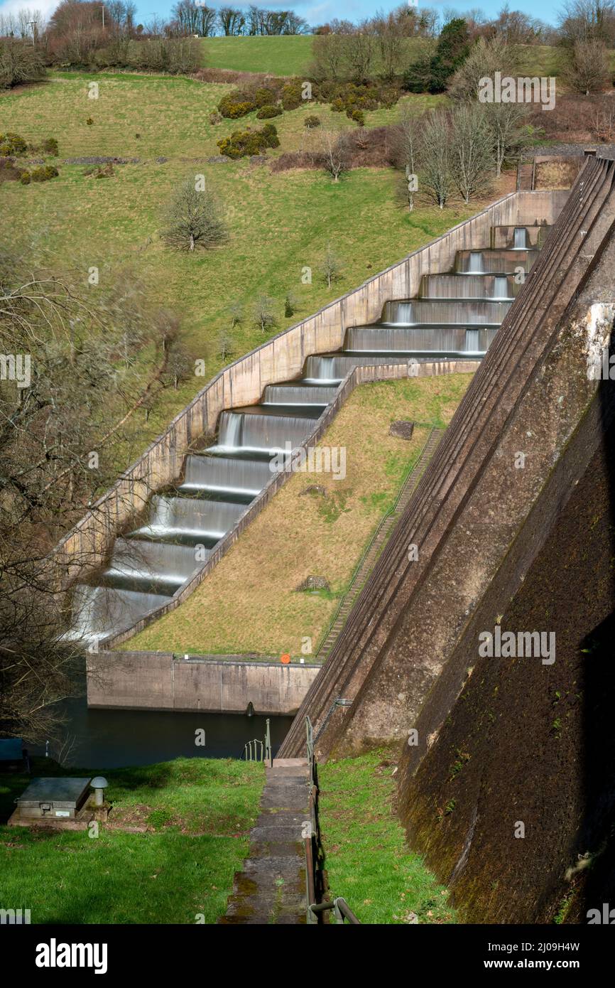 Long exposure of the waterfalls flowing over Wimbleball dam in Somerset ...