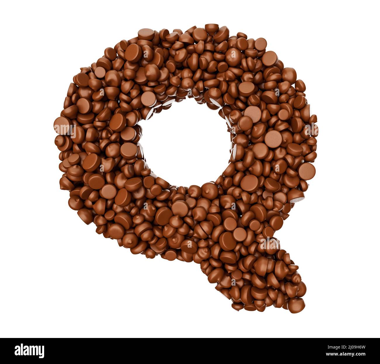 3d illustrated Q letter made of chocolate chips pieces isolated on a ...