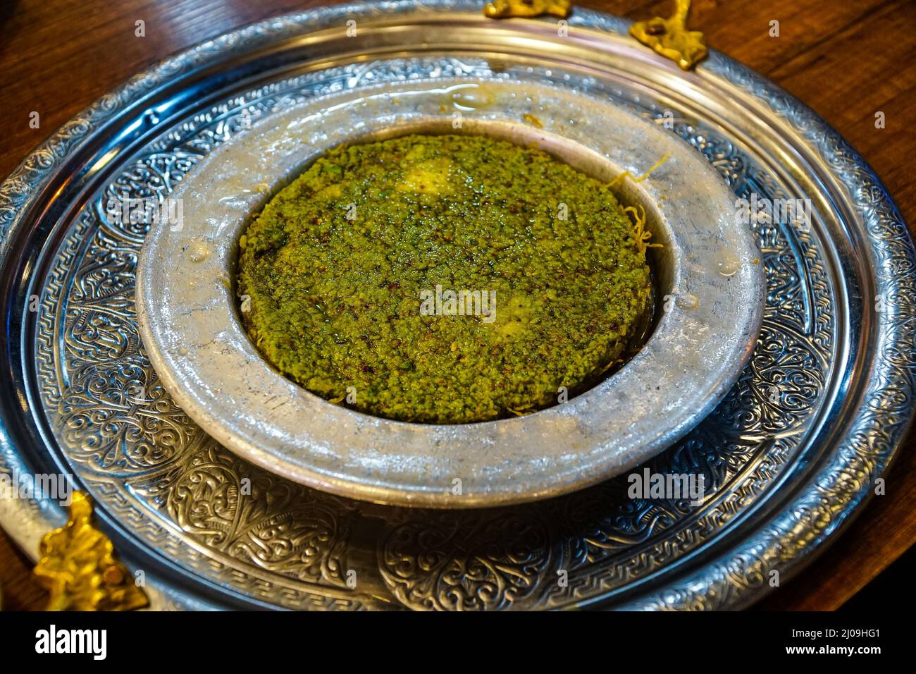 Kunefe dessert, top view of traditional Turkish dessert kunefe with ...