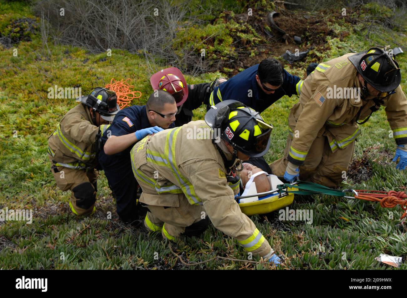 San Diego Fire-Rescue firefighters from Stations 20 and 36 performing a ...