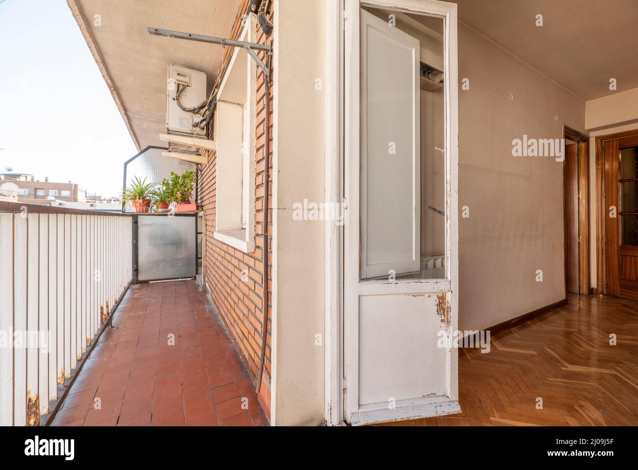 Balcony for plants at the exit of a room with oak parquet floors in an ...