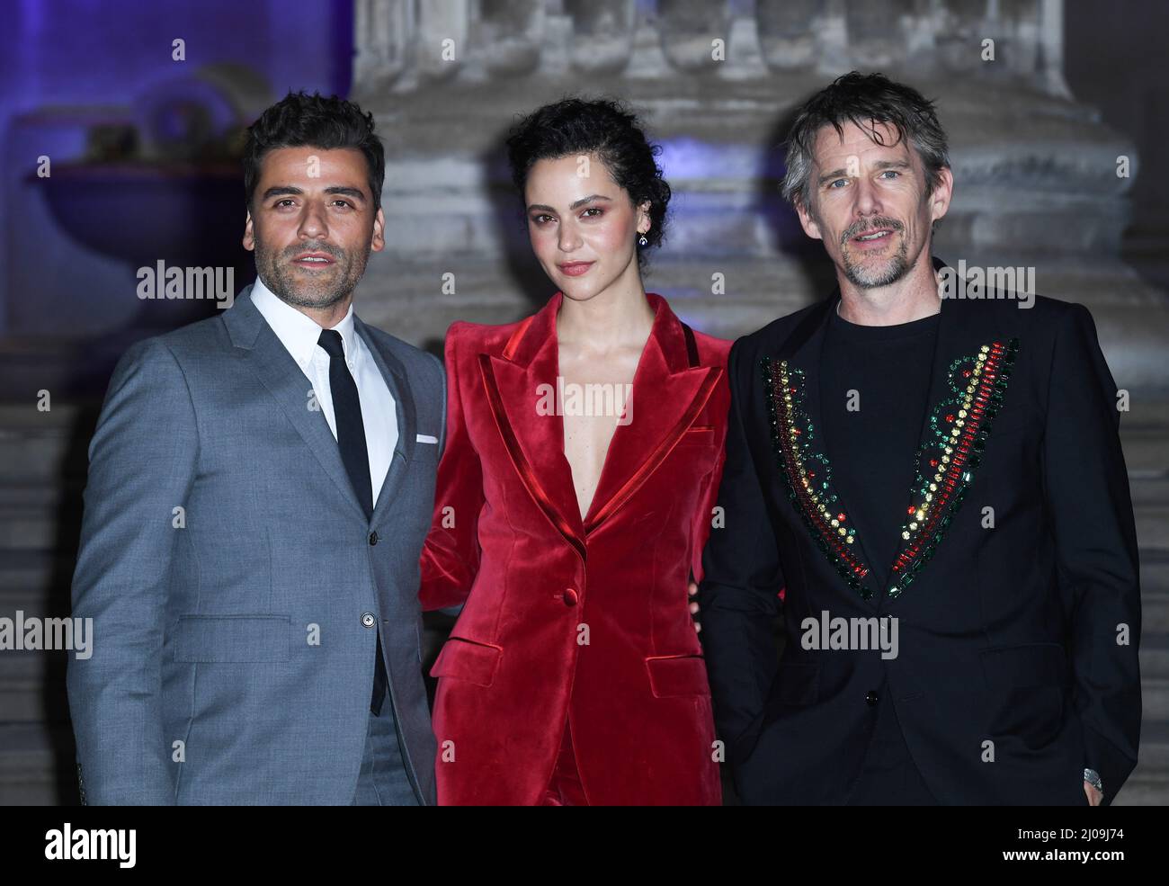 March 17th, 2022. London, UK Oscar Isaac, May Calamawy and Ethan Hawke ...