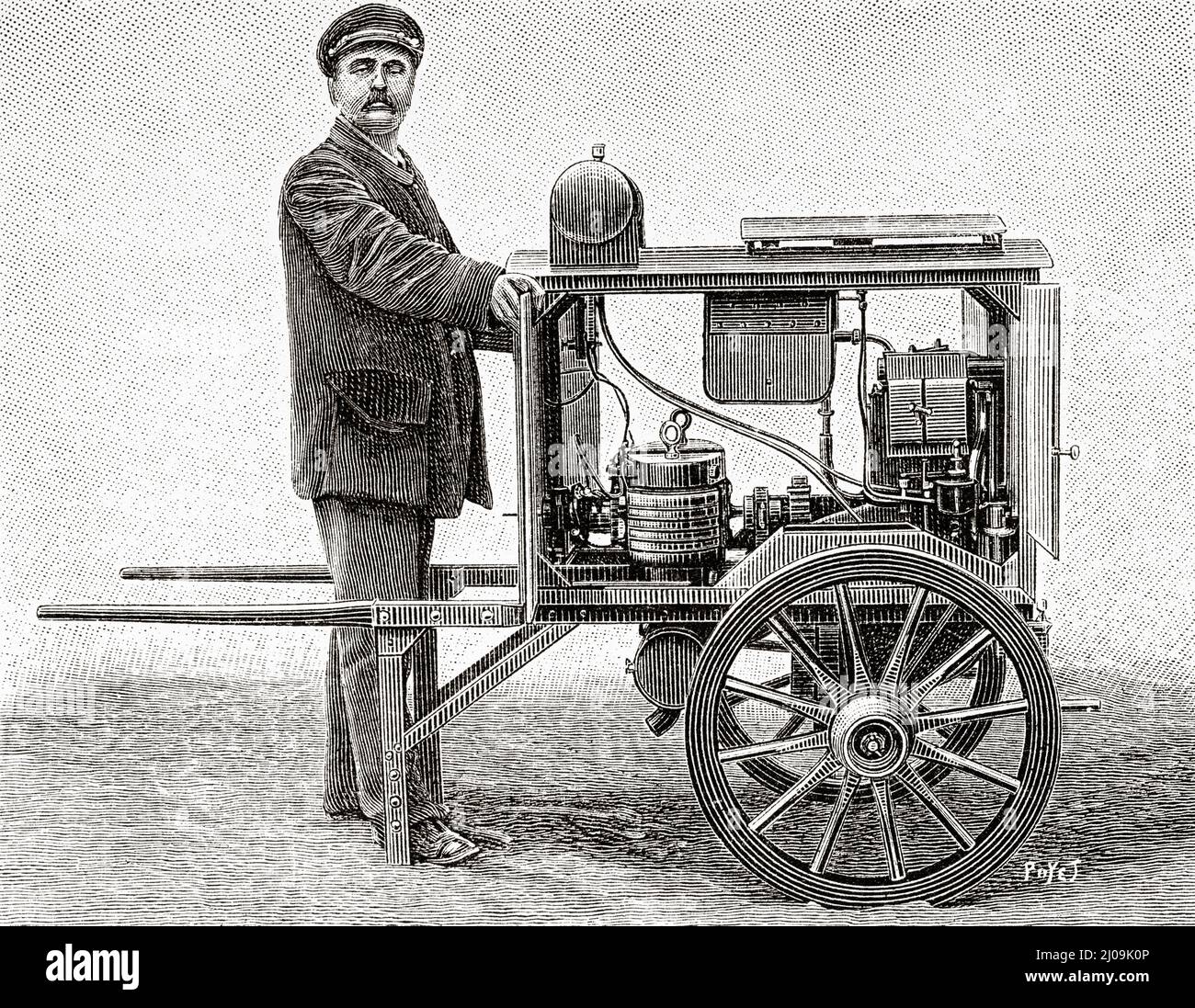 Old mobile electricity generator. Old 19th century engraved ...