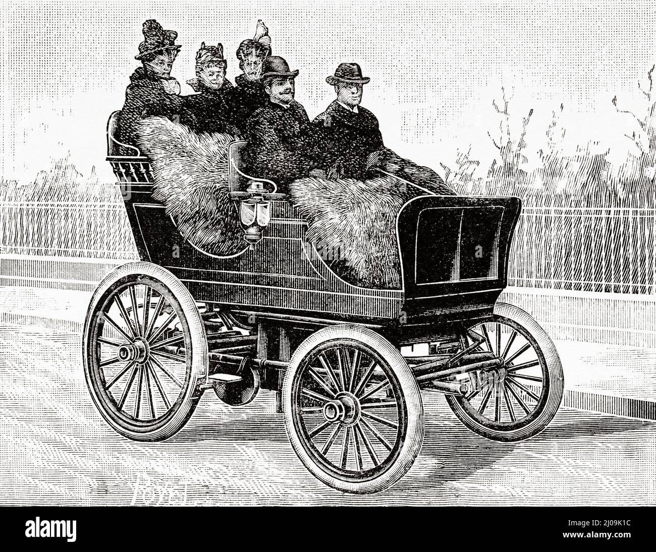A 19th century compressed air car. Old 19th century engraved ...