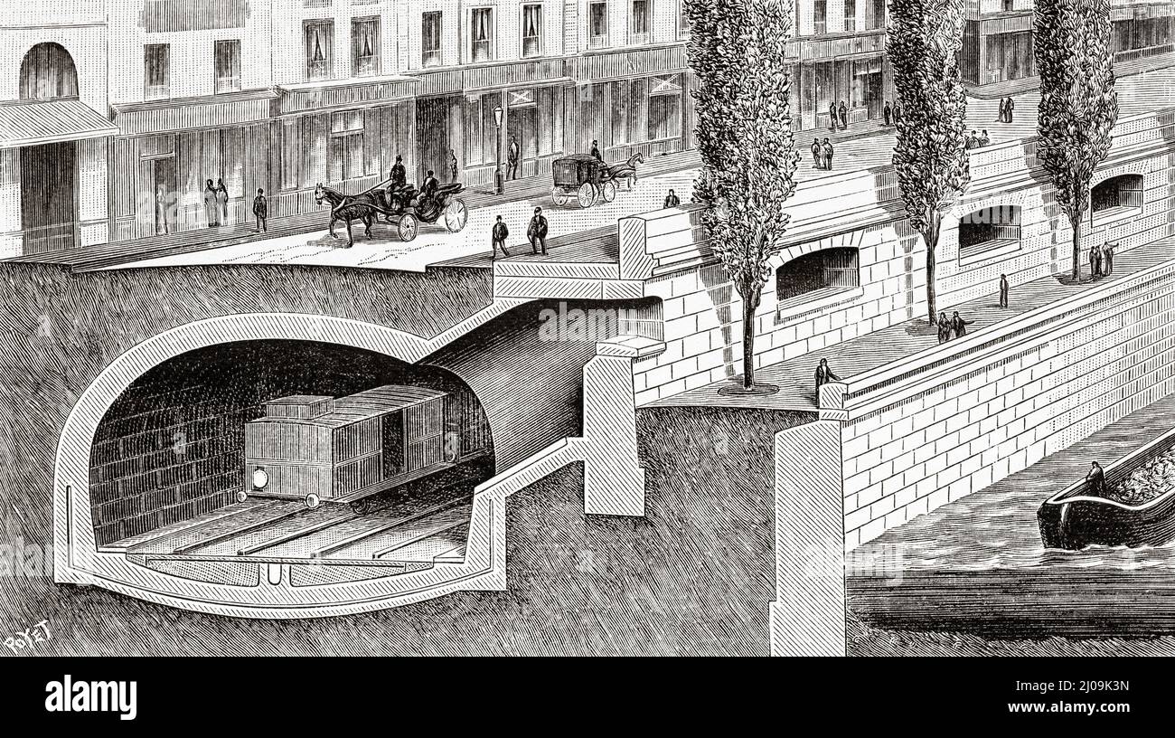 Construction of the Paris subway. Section of the line in the passages ...
