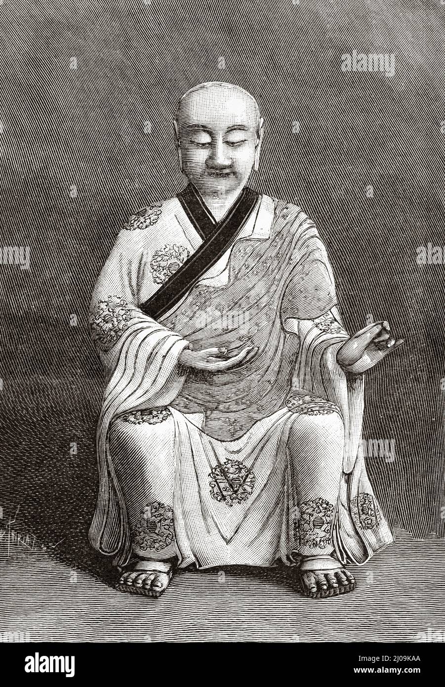 Chinese porcelain Lohan. Old 19th century engraved illustration from La ...