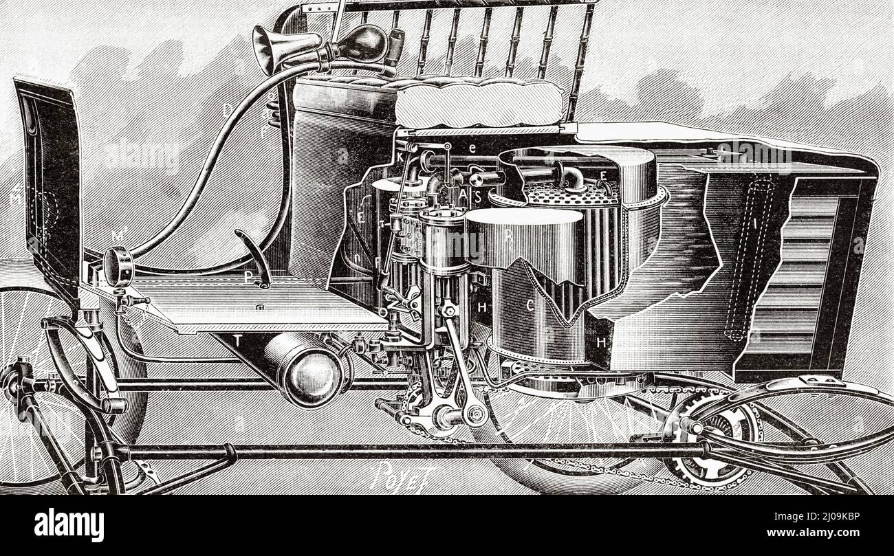 Stanley Locomobile steam car, 1899. Old 19th century engraved ...