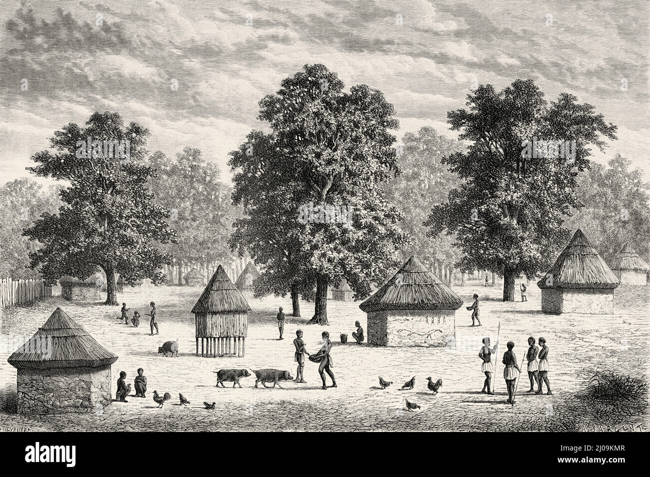 Village of Bihe, Central Africa. Old 19th century engraved illustration ...
