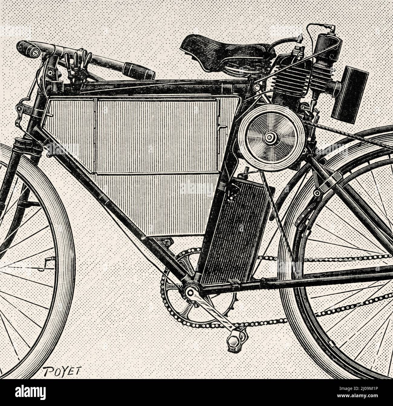 Ridel Motorcycle with a petrol engine. Old 19th century engraved ...