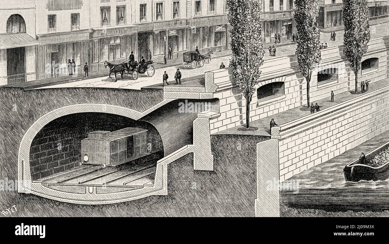 Construction of the Paris subway. Section of the line in the passages ...