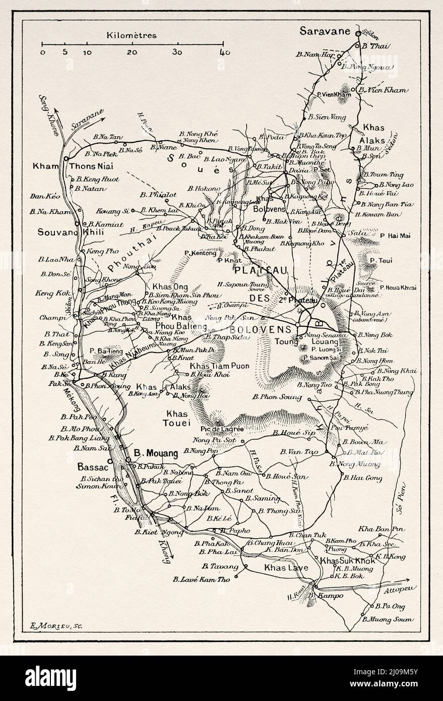The bolaven platter. Map of Laos. Old 19th century engraved ...