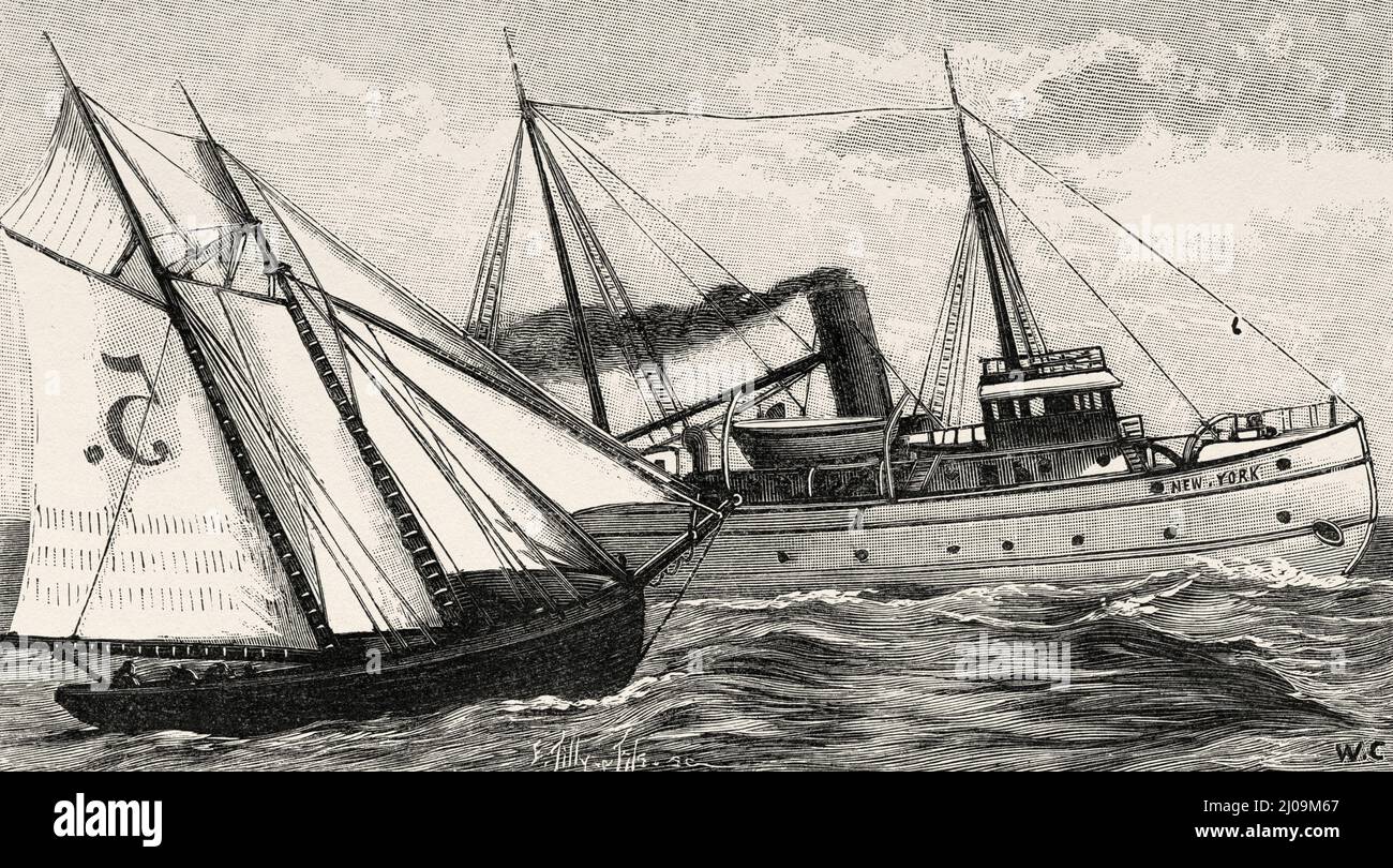 Steam pilot boats Scale model. Old 19th century engraved illustration ...
