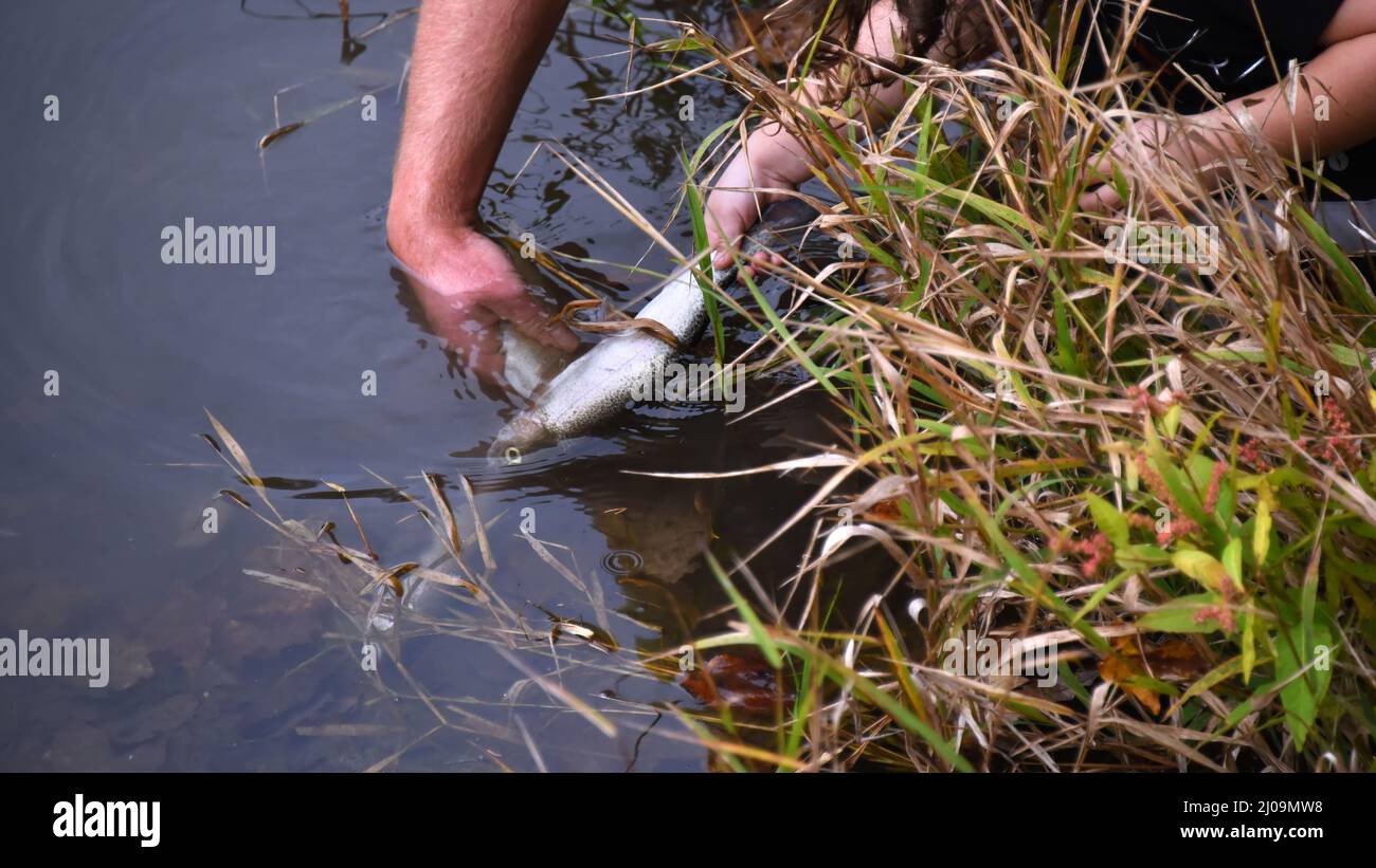 Father instructs daughter on how to release fish after catching them ...