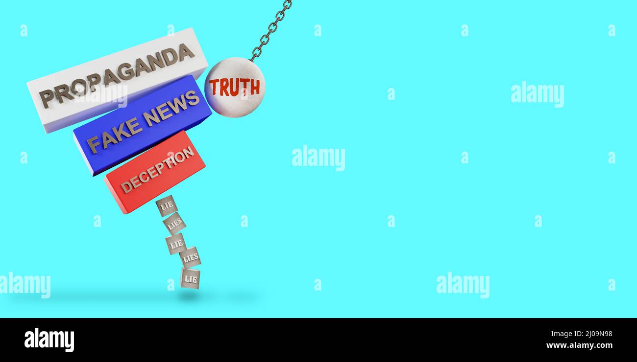 Truth knocking propaganda, fake news and deception off blocks of lies ...