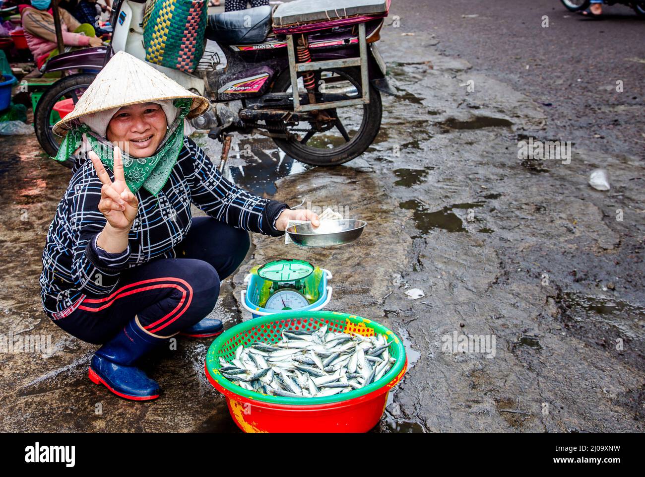 A Vietnamese woman squats in front of her bucket with the catch of the ...