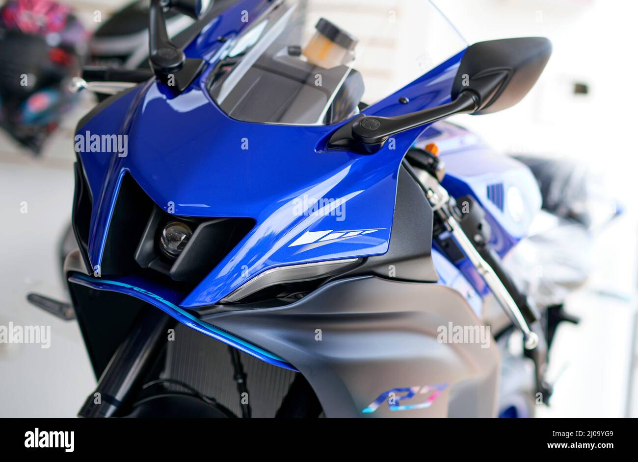 Motorcycles in the showroom Yamaha shop. Yamaha R7 motorcycle ...