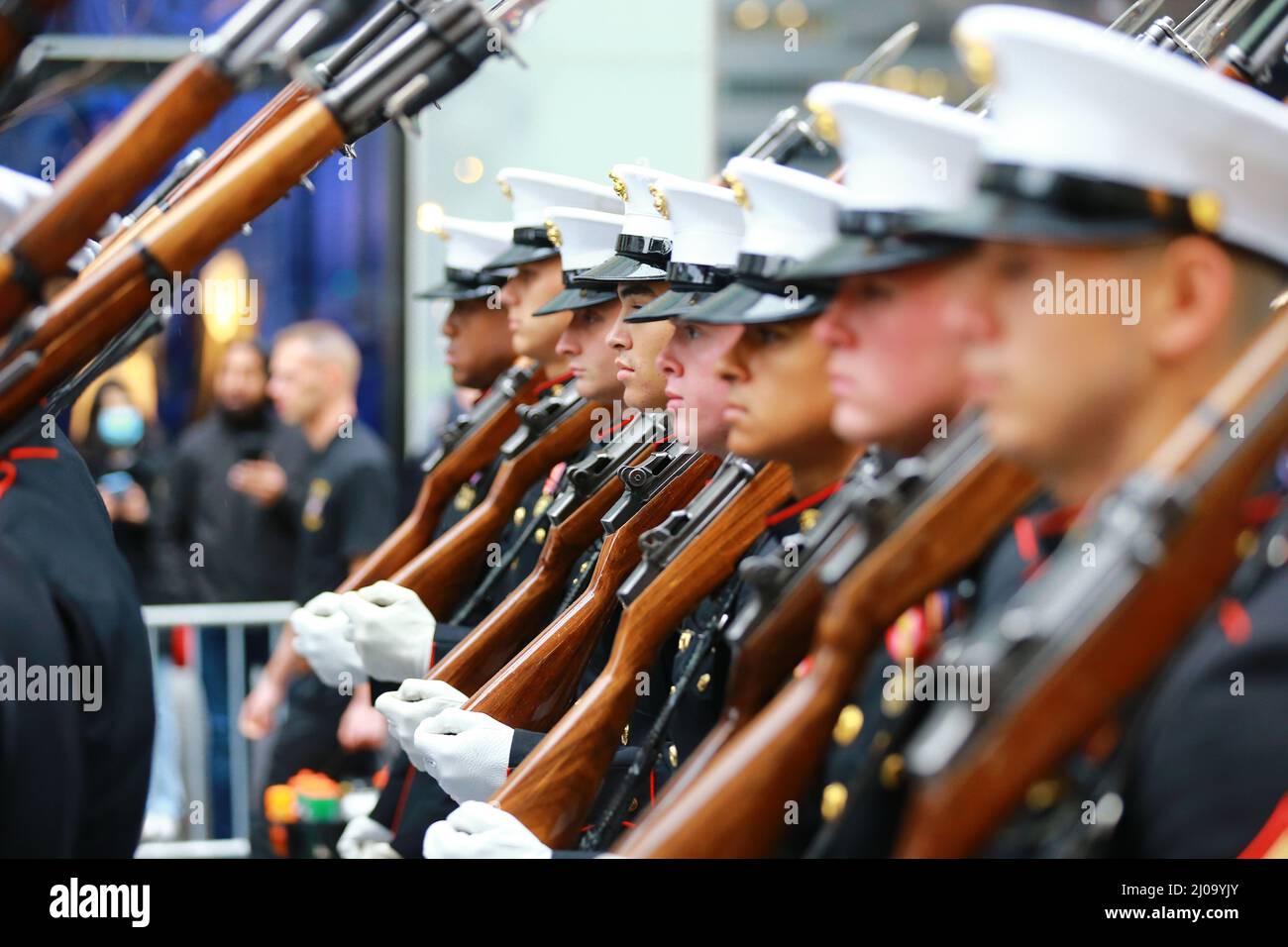 NEW YORK, NEW YORK - March 17, 2022: Members of USMC march during the ...