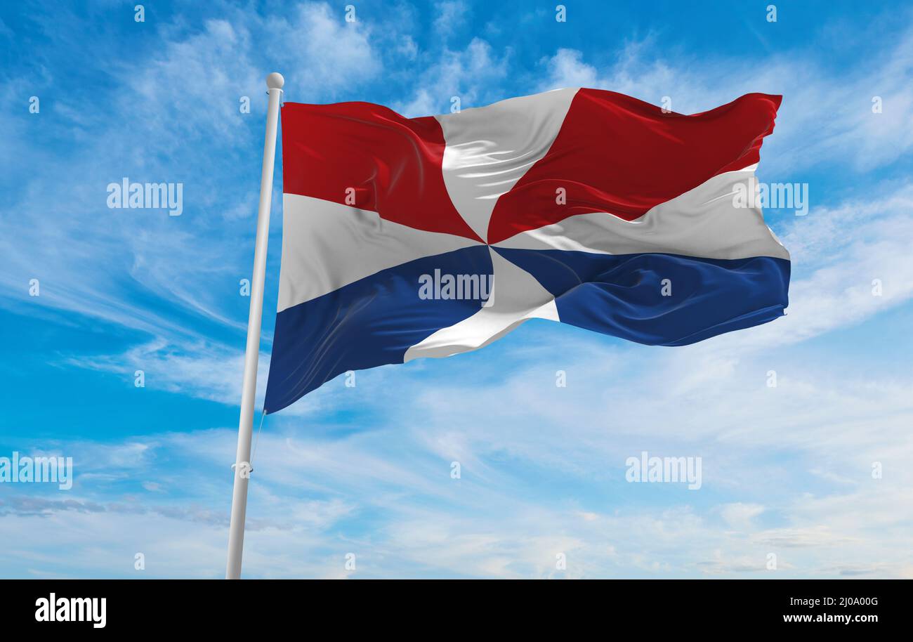 flag of Civil Jack , Netherlands at cloudy sky background on sunset ...