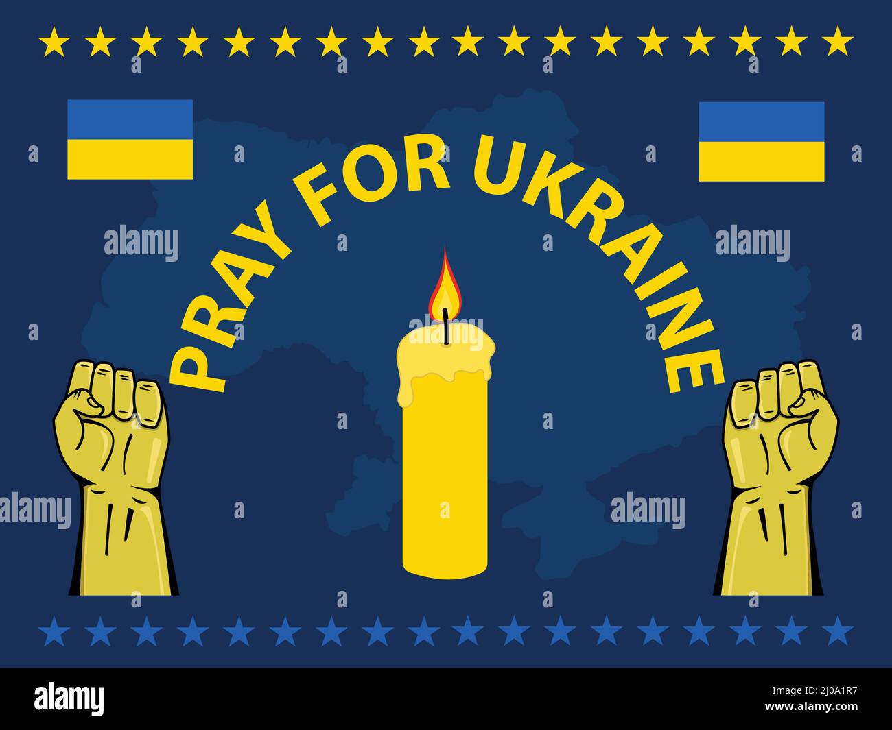 A Pray for Ukraine banner with lit candle, blue and yellow color themes ...