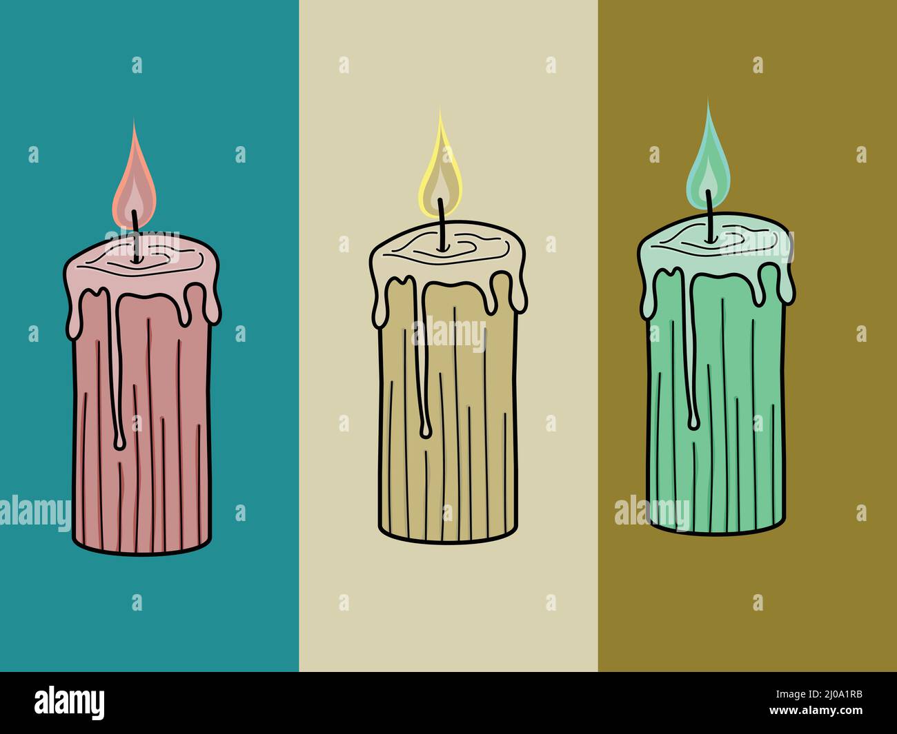 Three multicolored lit candles sitting horizontal with different ...