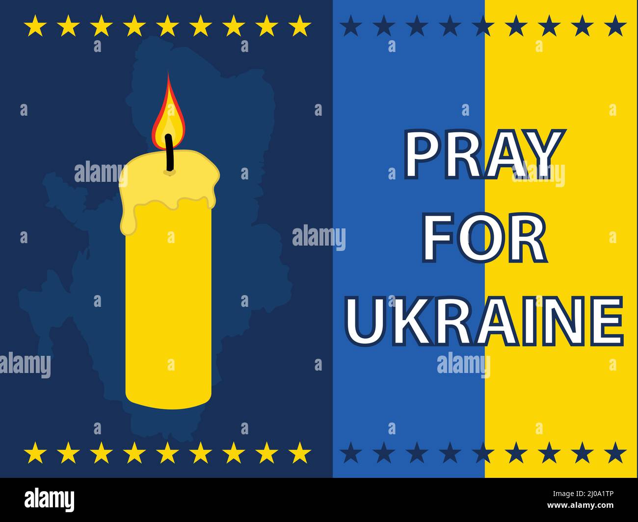 A Pray for Ukraine banner with lit candle, blue and yellow color themes ...