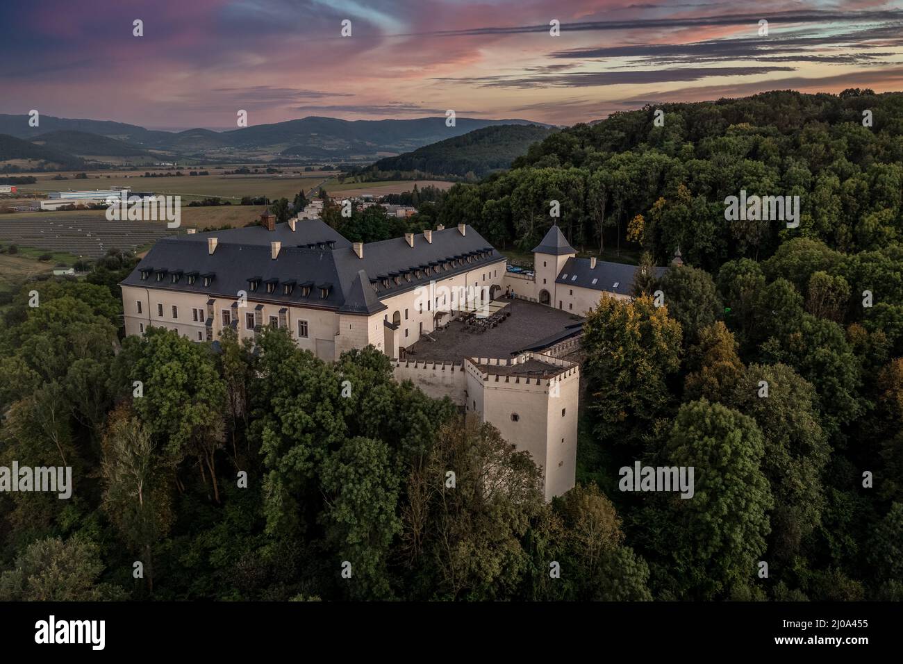 Aerial sunset view of restored medieval Viglas castle in Southern ...