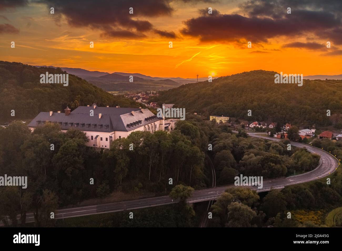 Aerial sunset view of restored medieval Viglas castle in Southern ...