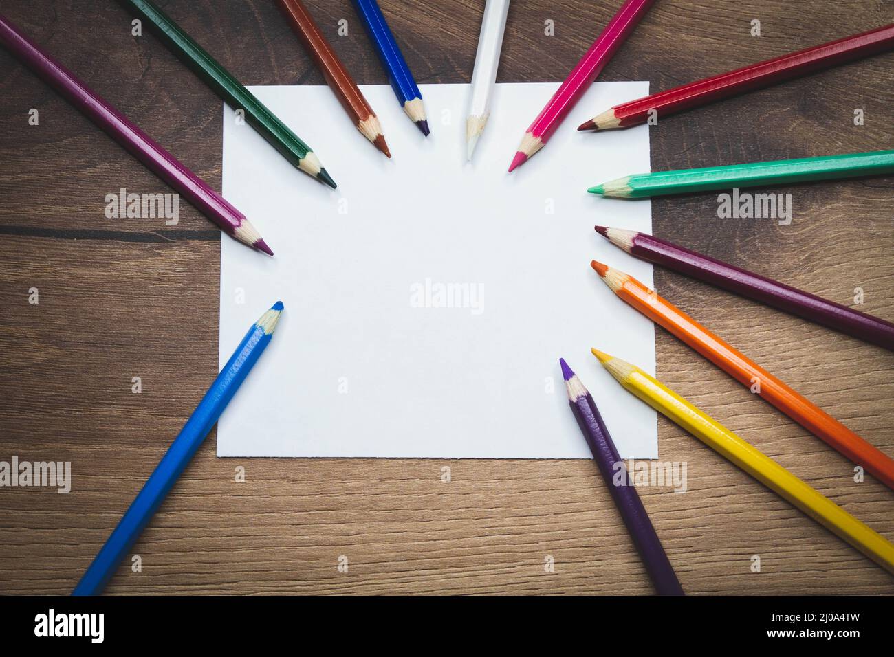 Colored pencils and white paper. Children's creativity. Template for ...