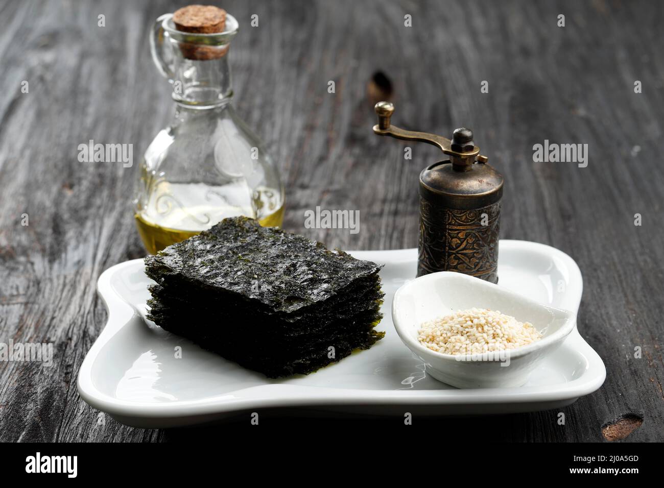 Dried Laver on White Plate, Copy Space for Text Stock Photo - Alamy