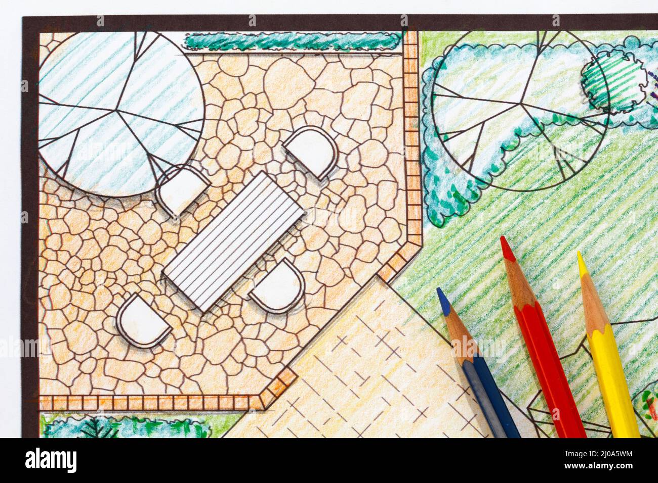 Backyard garden plan with stone patio Stock Photo - Alamy